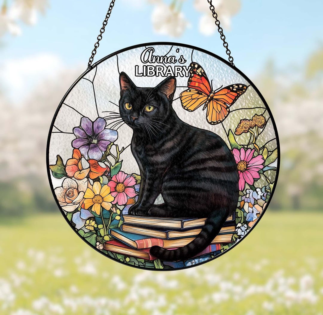 Custom Black Cat Glass Suncatcher, Cat and Book Suncatcher, Reading ...