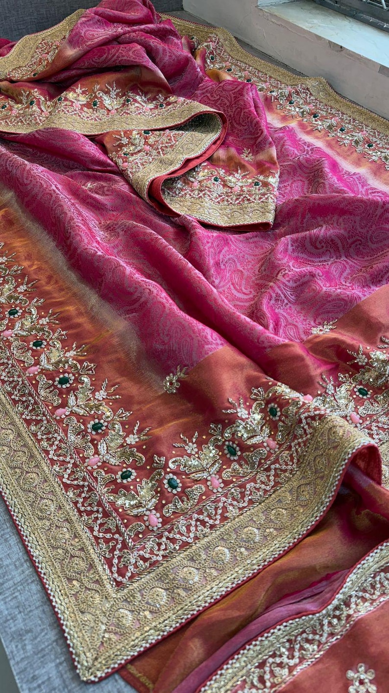 Pure Cosmo Munga Silk Saree | Heavy Zardozi Gotapatti Pearl Handwork ...