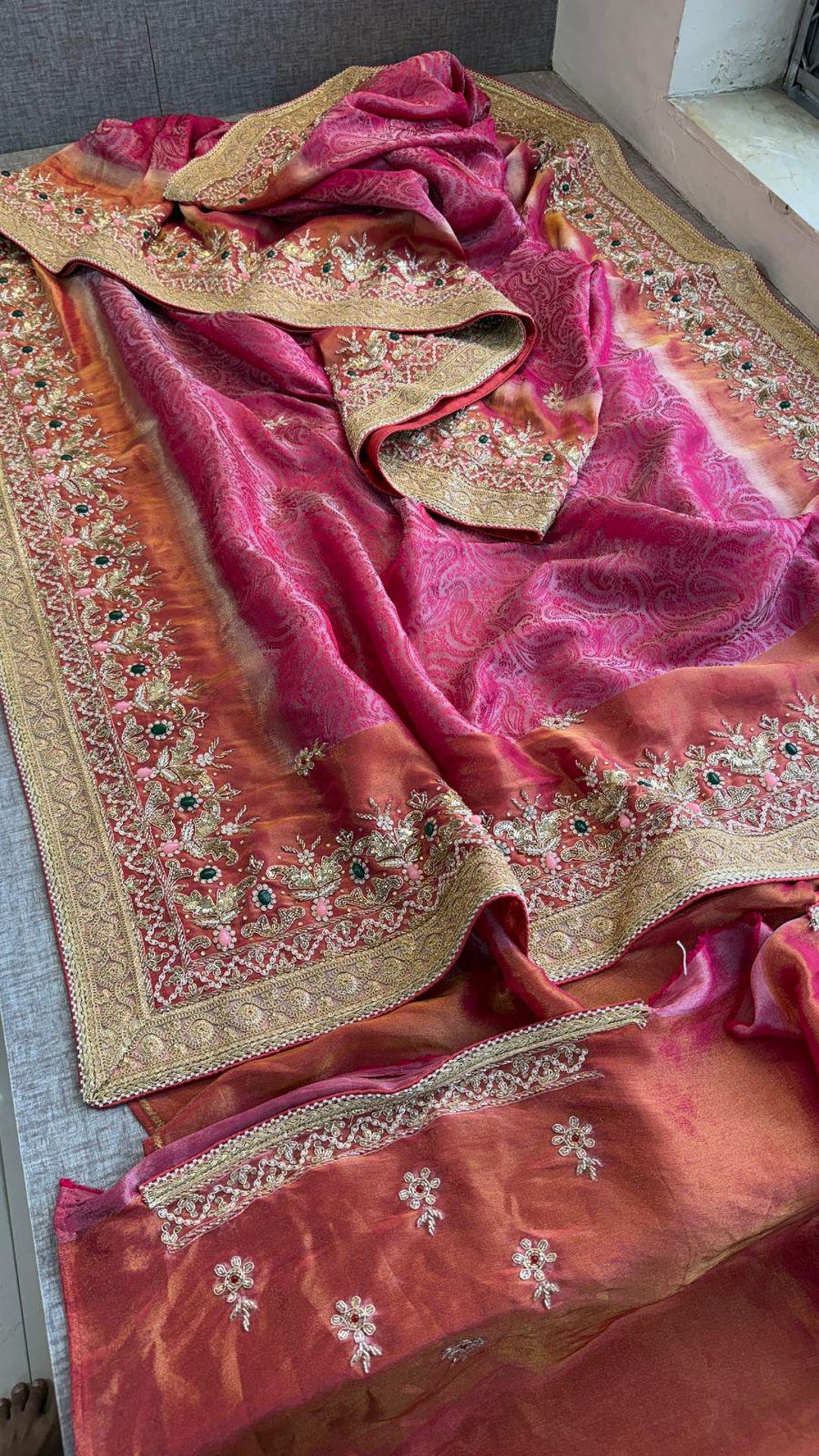 Pure Cosmo Munga Silk Saree | Heavy Zardozi Gotapatti Pearl Handwork ...