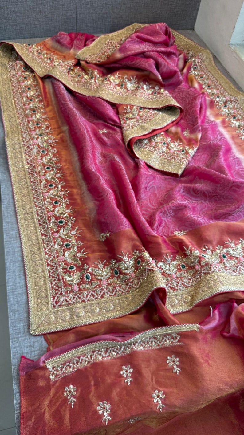 Pure Cosmo Munga Silk Saree | Heavy Zardozi Gotapatti Pearl Handwork ...
