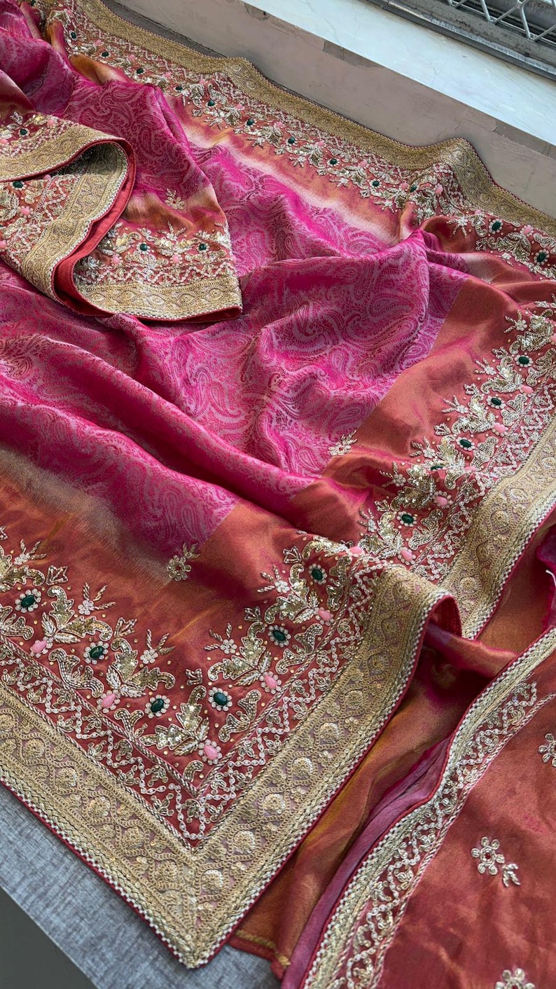 Pure Cosmo Munga Silk Saree | Heavy Zardozi Gotapatti Pearl Handwork ...