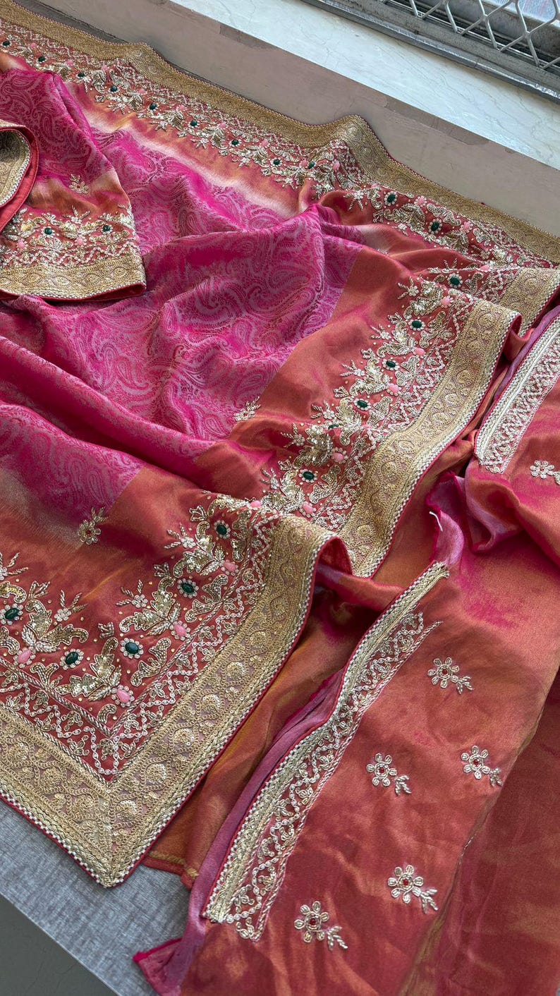 Pure Cosmo Munga Silk Saree | Heavy Zardozi Gotapatti Pearl Handwork ...