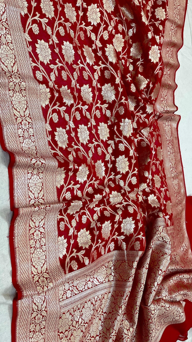 Pure Handloom Khaddi Chiffon Banarasi Saree | Antique Zari Floral Jaal ...