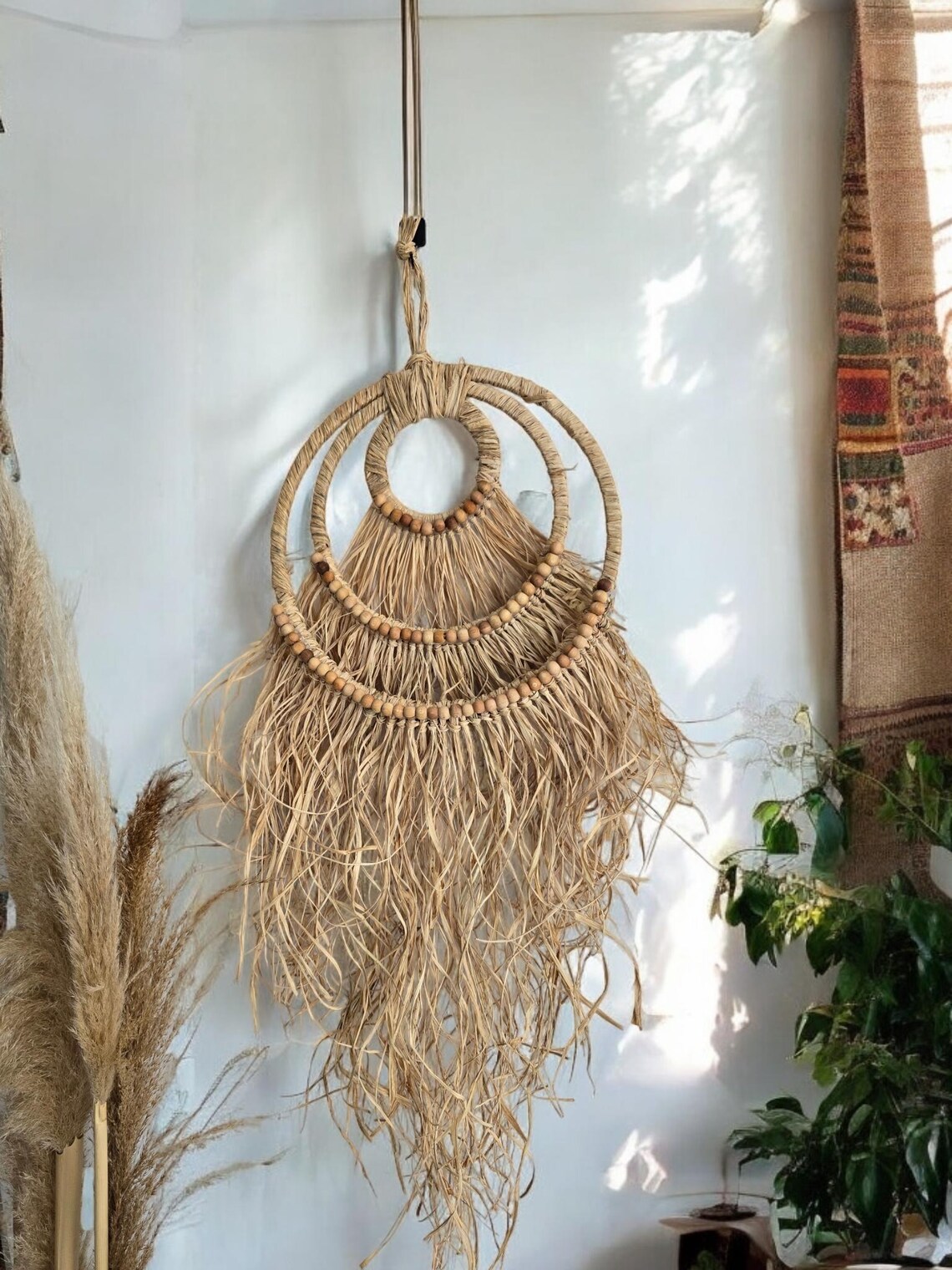 Raffia Wall Hanging, Bohemian Raffia Wall Art, Raffia Wall Decor ...