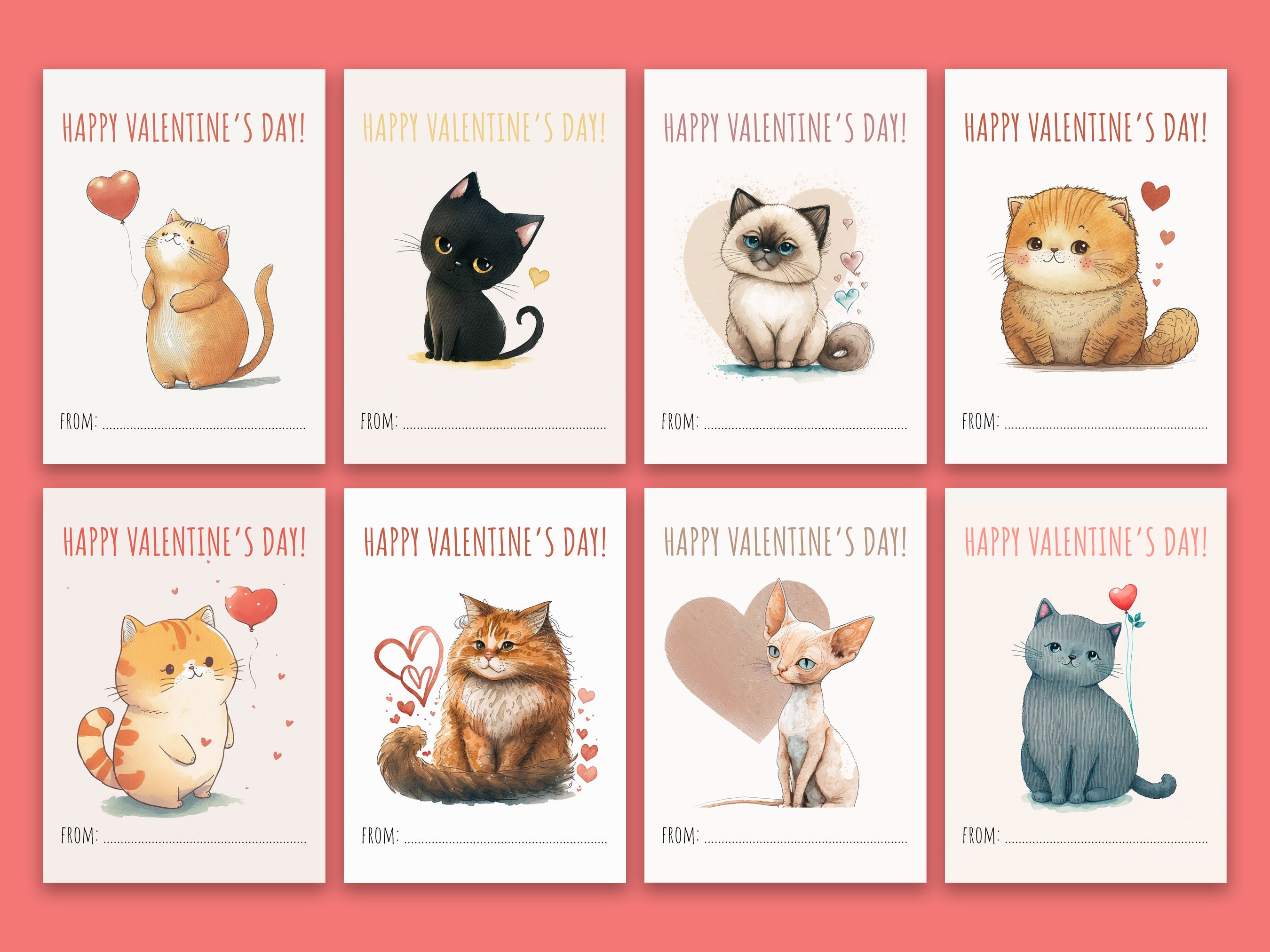 Printable Valentines Day Cards Cat Valentines Card Watercolor Cat Cards ...