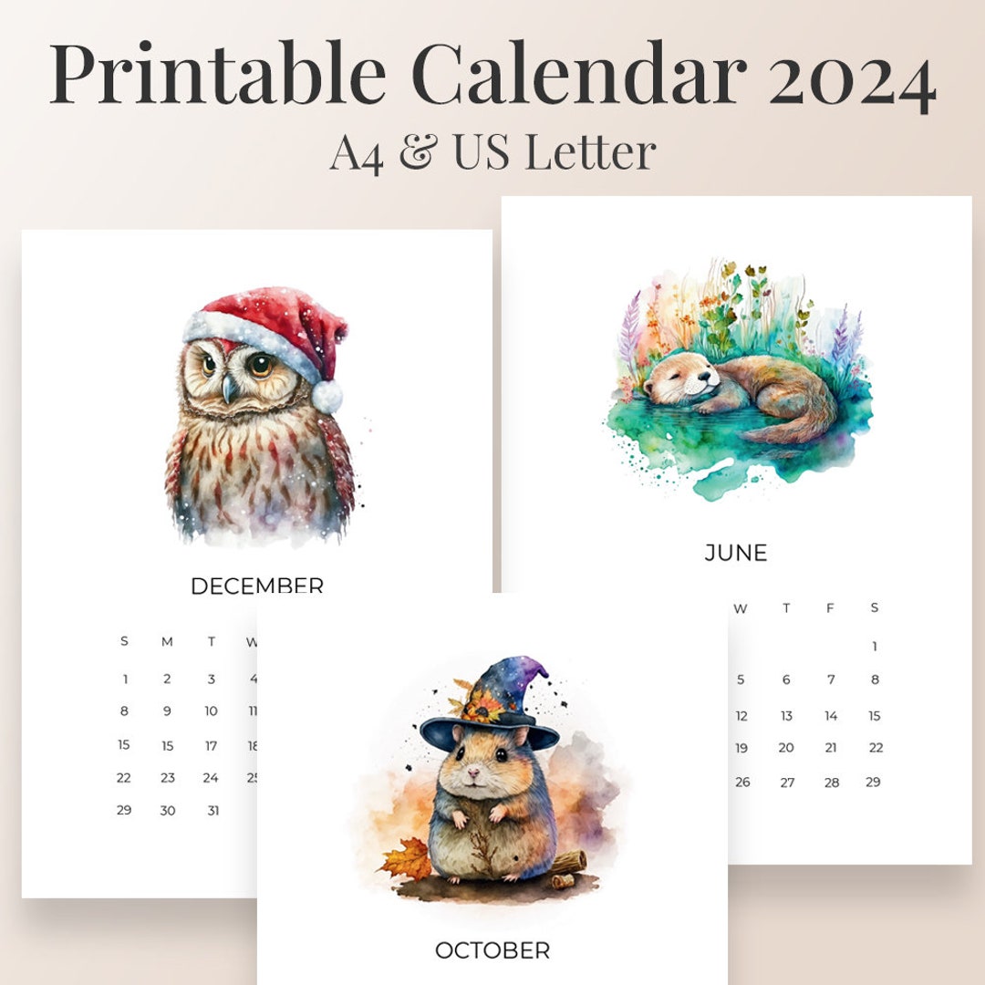 2024 Cute Animals Calendar Printable Calendar 2024 A4 & - Etsy