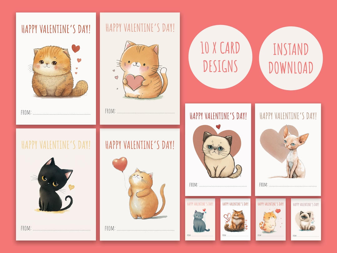 Printable Valentines Day Cards Cat Valentines Card Watercolor Cat Cards ...