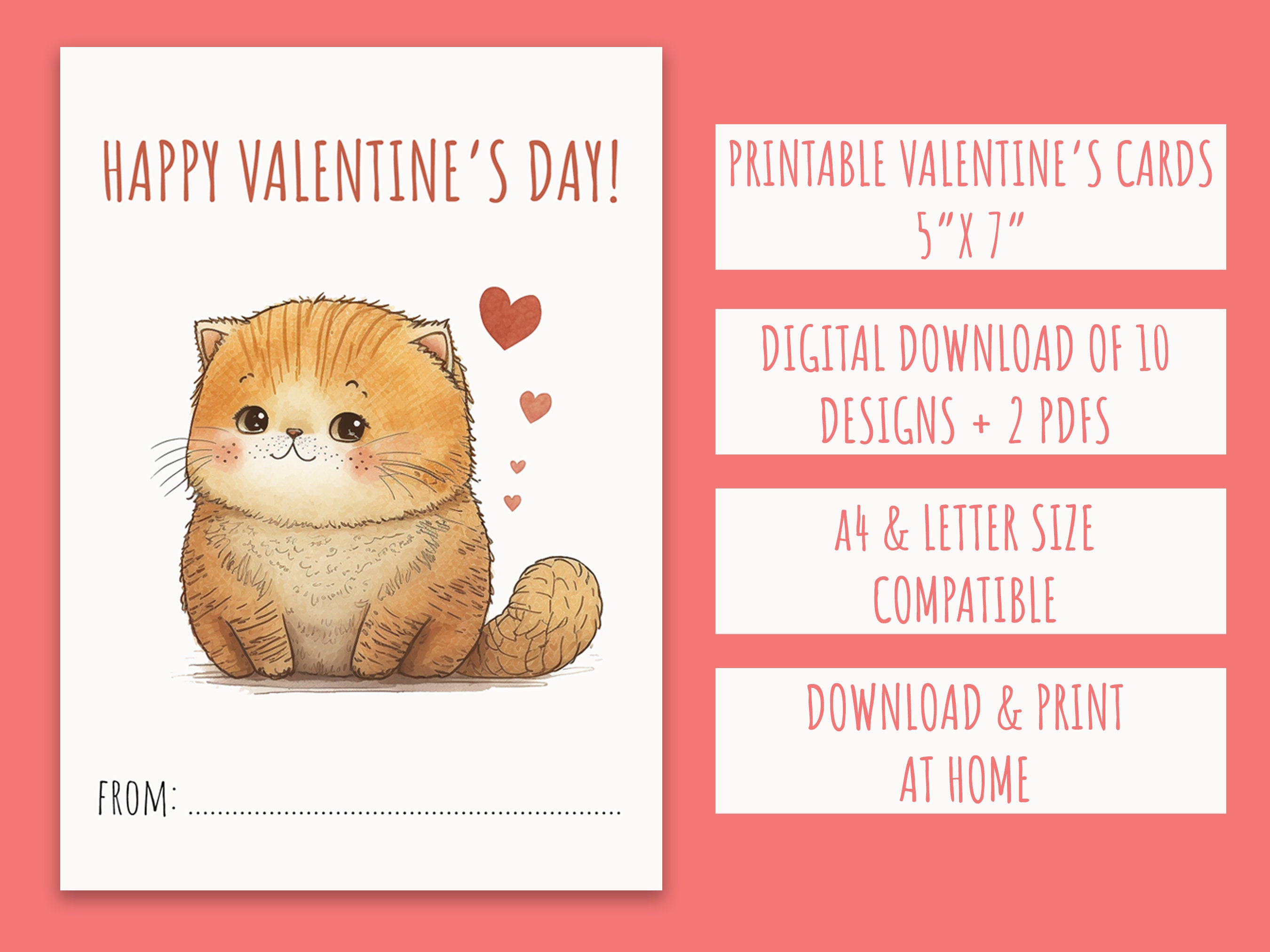 Printable Valentines Day Cards Cat Valentines Card Watercolor Cat Cards ...
