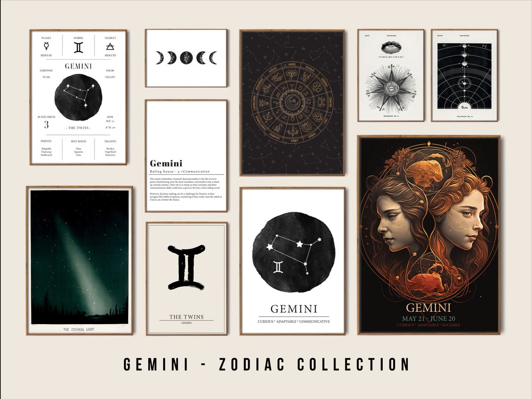 Set of 10 Zodiac Gemini Prints, Astrology Star Sign, Vintage Celestial ...