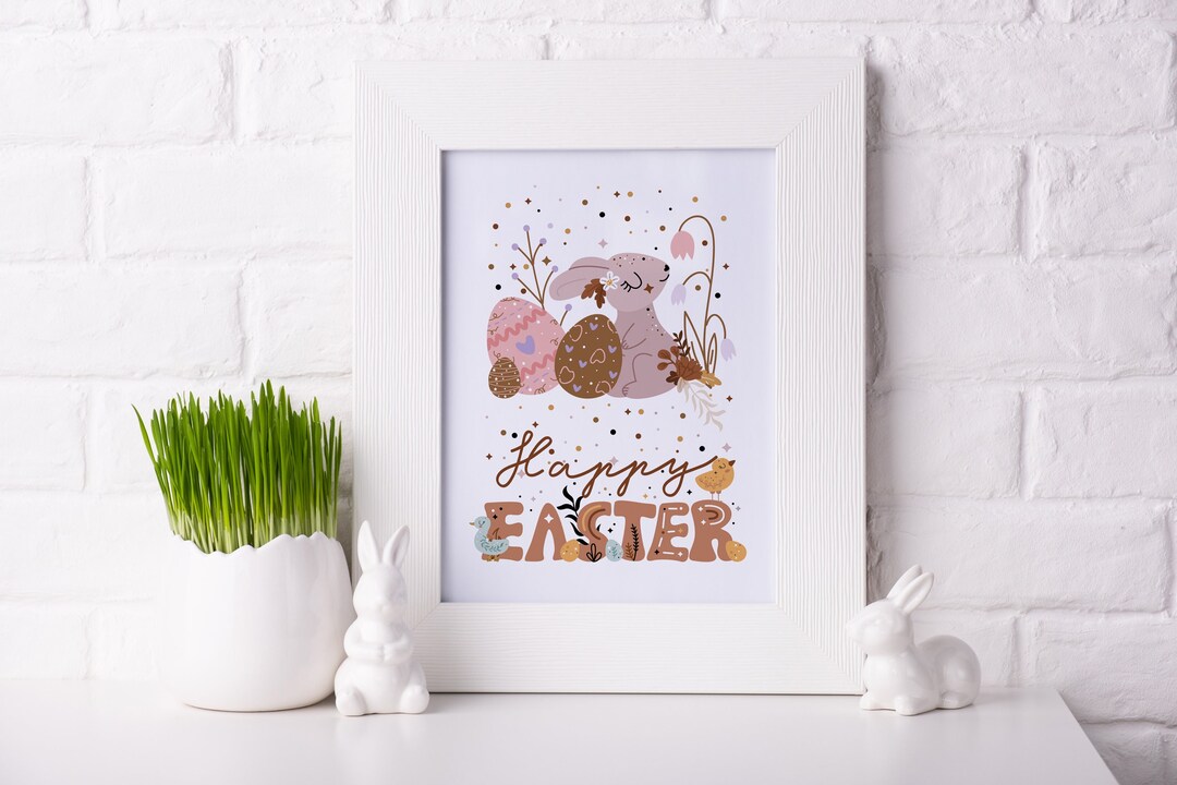 Happy Easter Art Print, Boho Printable Wall Art, Bunny, Easter Decor ...