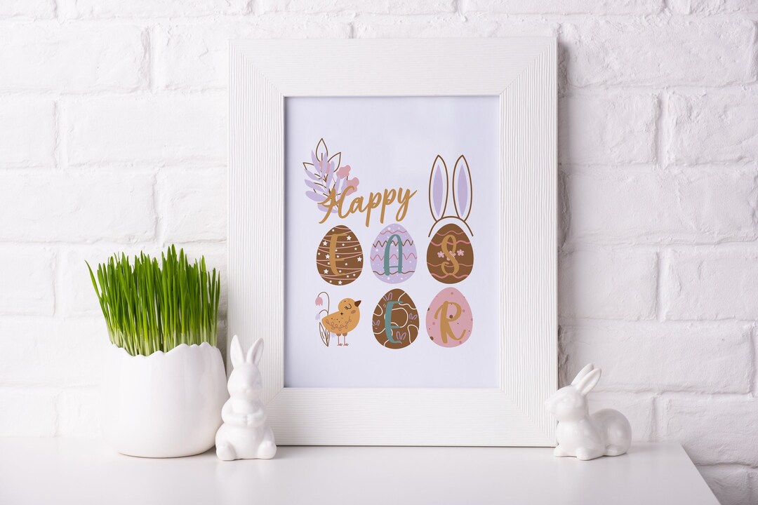 Happy Easter Art Print, Boho Printable Wall Art, Bunny, Chick, Easter ...