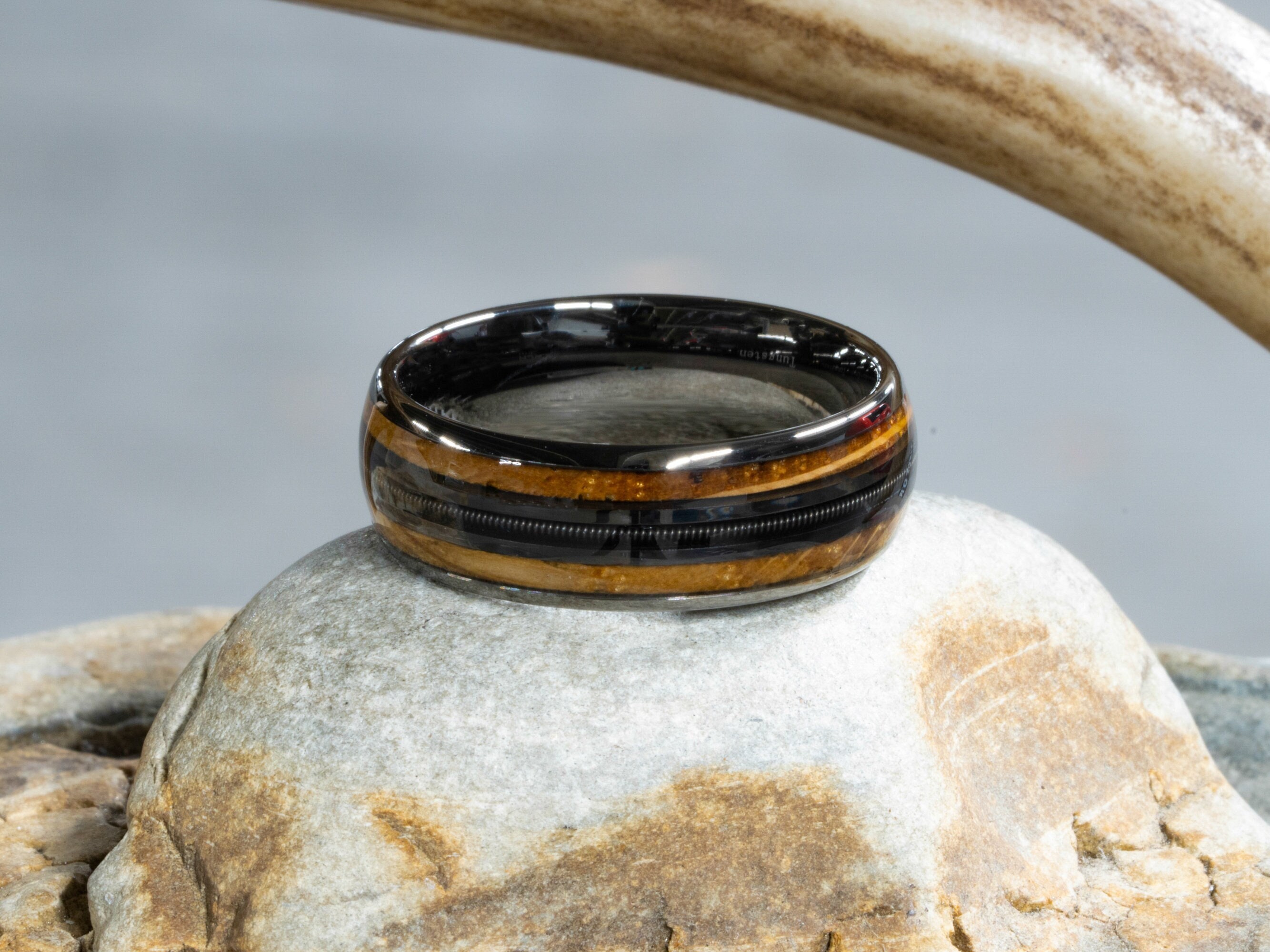 Tungsten, Whiskey Barrel, Guitar String Ring, 8mm Comfort Fit Wedding ...