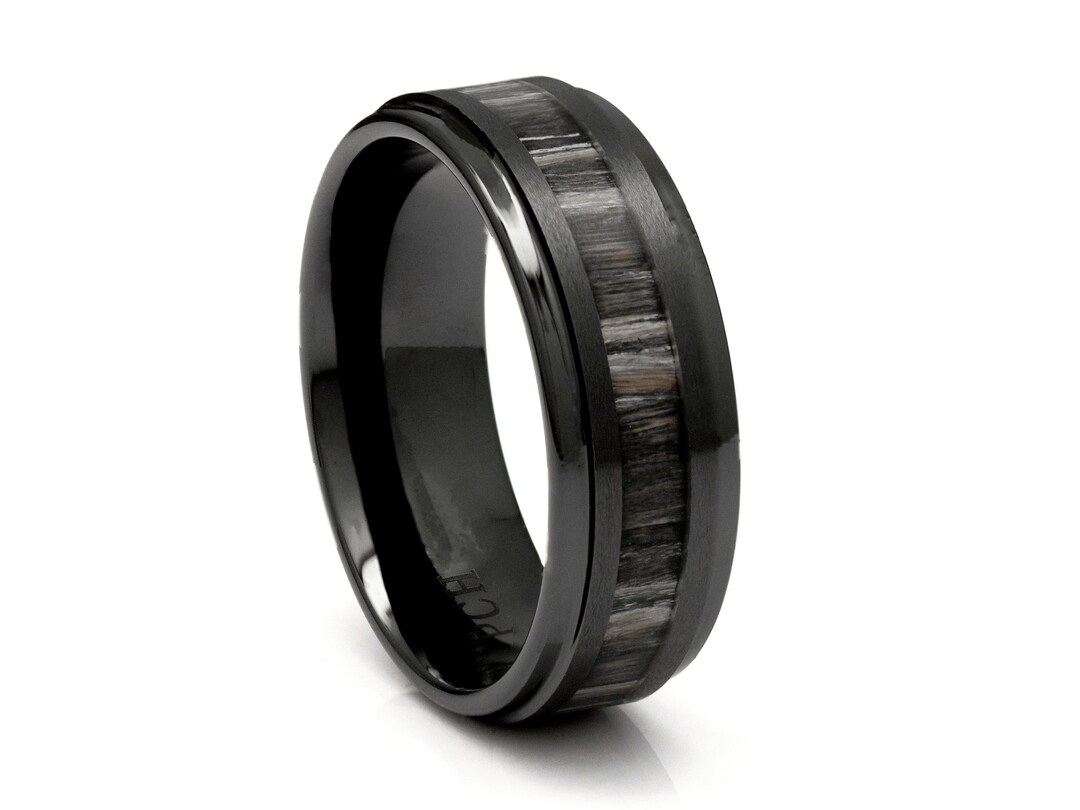 Black Ceramic Wood Ring With Zebra Wood Inlay, 8mm Comfort Fit Wedding ...