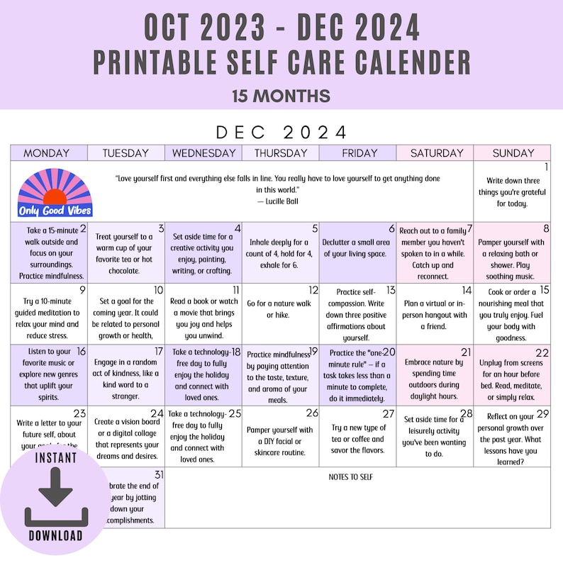 Self Care Calendar Dorm Decor Self Love Mental Health - Etsy