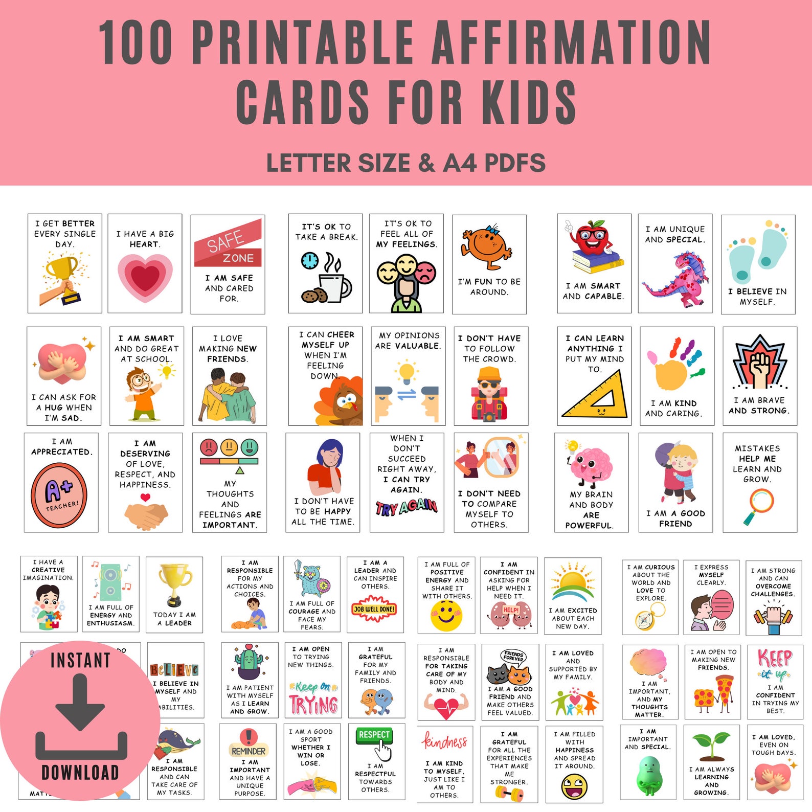 Positive Affirmation Cards School, Kids Back to School Affirmation ...