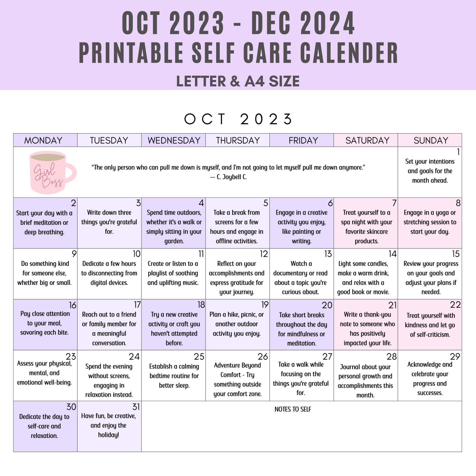Self Care Calendar Dorm Decor Self Love Mental Health - Etsy
