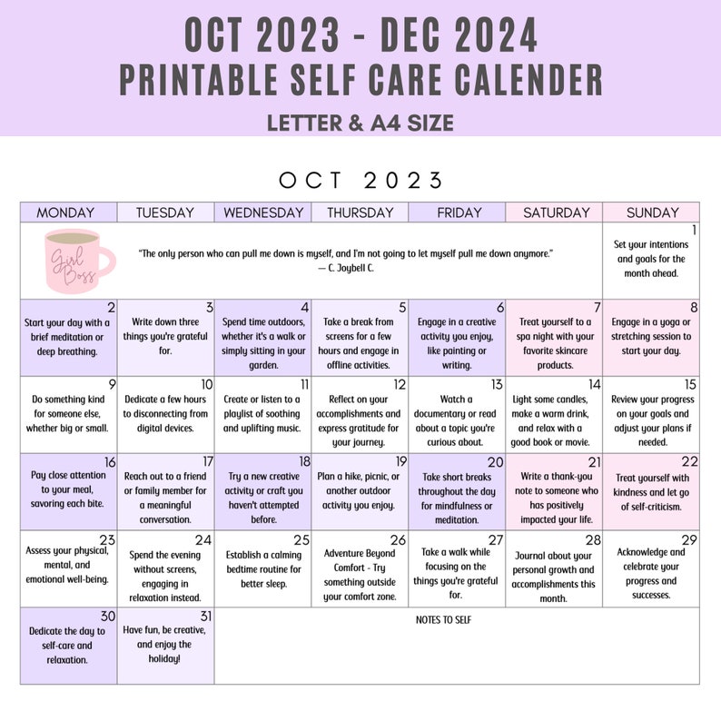 Self Care Calendar Dorm Decor Self Love Mental Health - Etsy