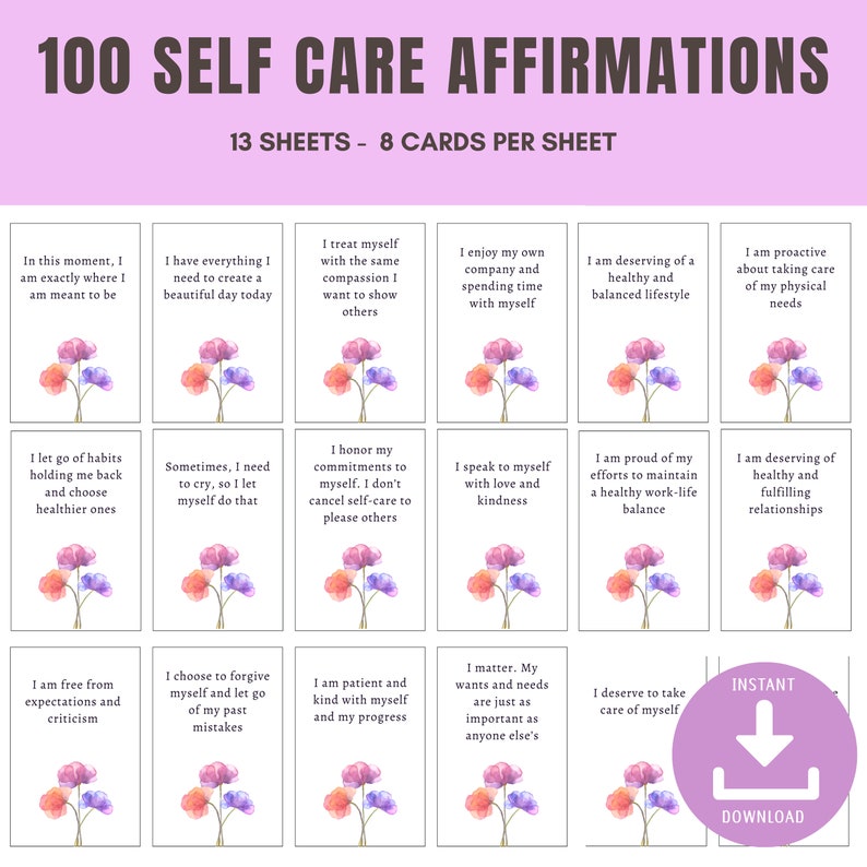 Printable Self Care Affirmation Cards Daily Motivation Positive Quotes ...
