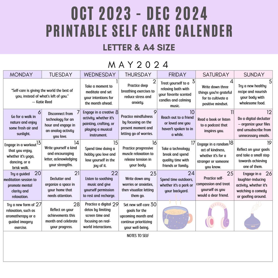 Self Care Calendar Dorm Decor Self Love Mental Health - Etsy