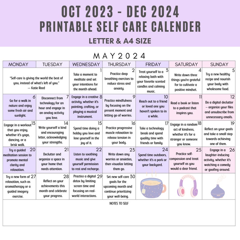 Self Care Calendar Dorm Decor Self Love Mental Health - Etsy