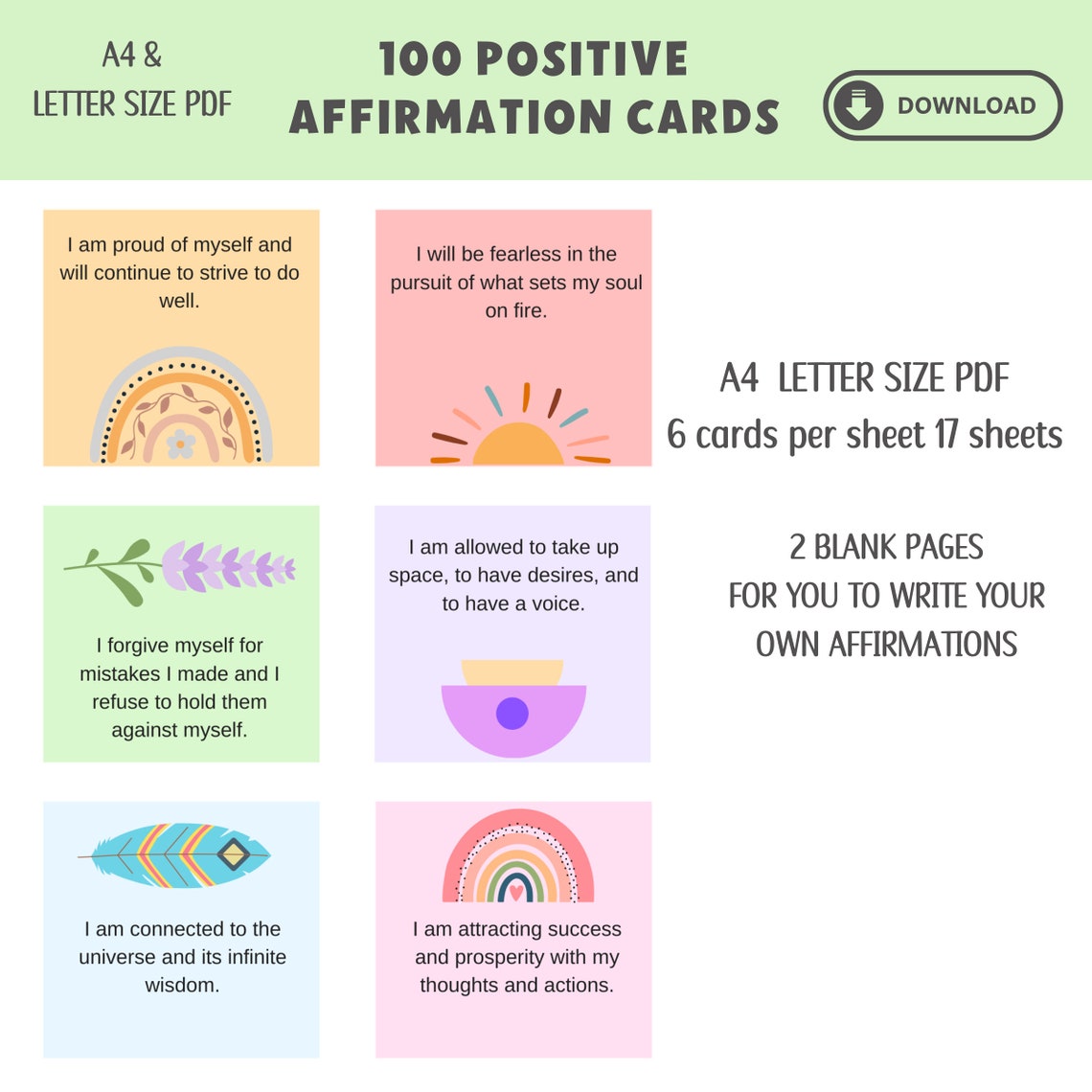 100 Affirmation Cards Printable, Affirmation Cards Digital, Vision ...