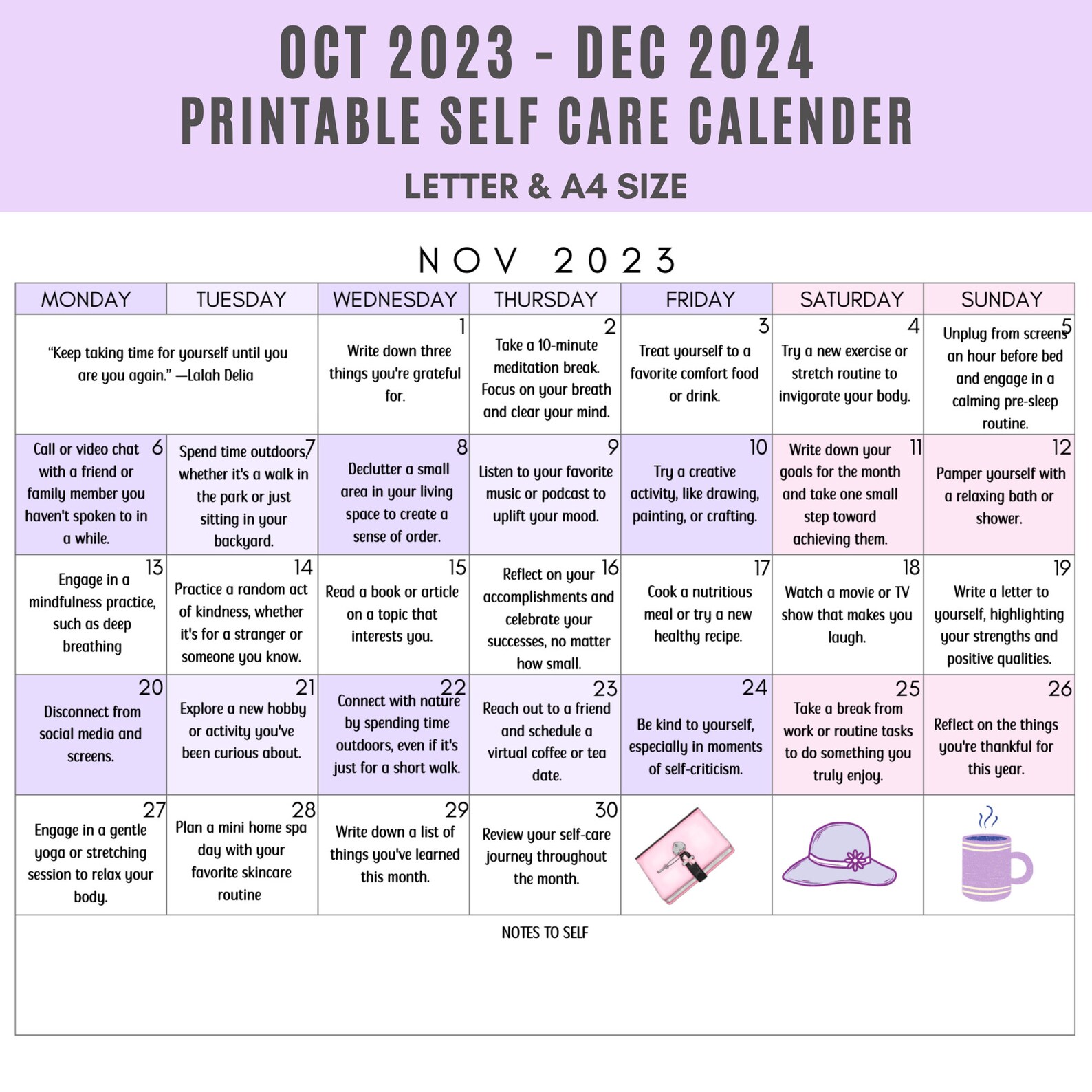 Self Care Calendar Dorm Decor Self Love Mental Health - Etsy