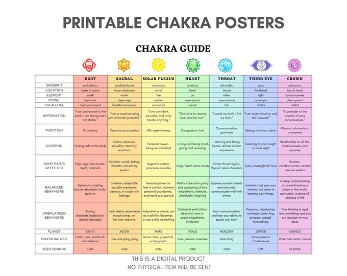 Chakra Chart, 7 Chakras Informational Chart, Laminated Chakra One-sided Chart, Chakra Basics ...