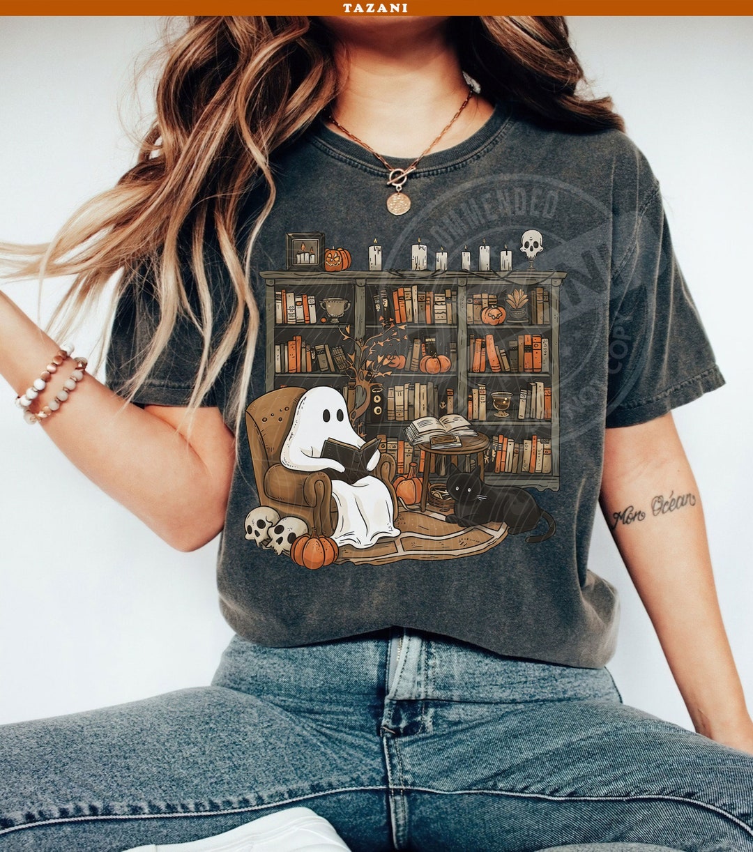 Ghost Reading Book Shirt, Halloween Bookshelf Shirt, Black Cat & Book ...