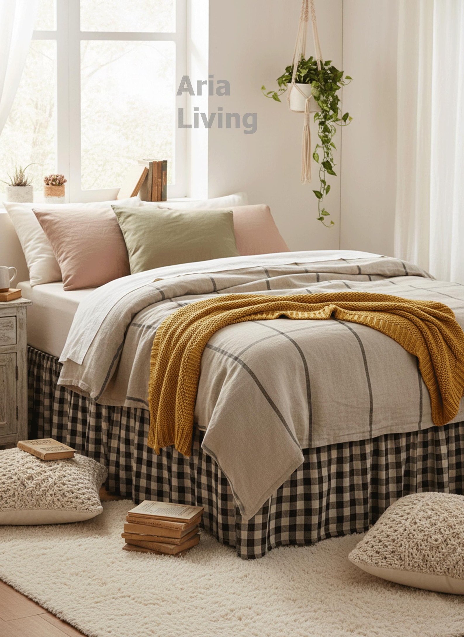 Natural Linen Checkered Bed Skirt | Ruffled Bedroom Linen Bed Skirts ...