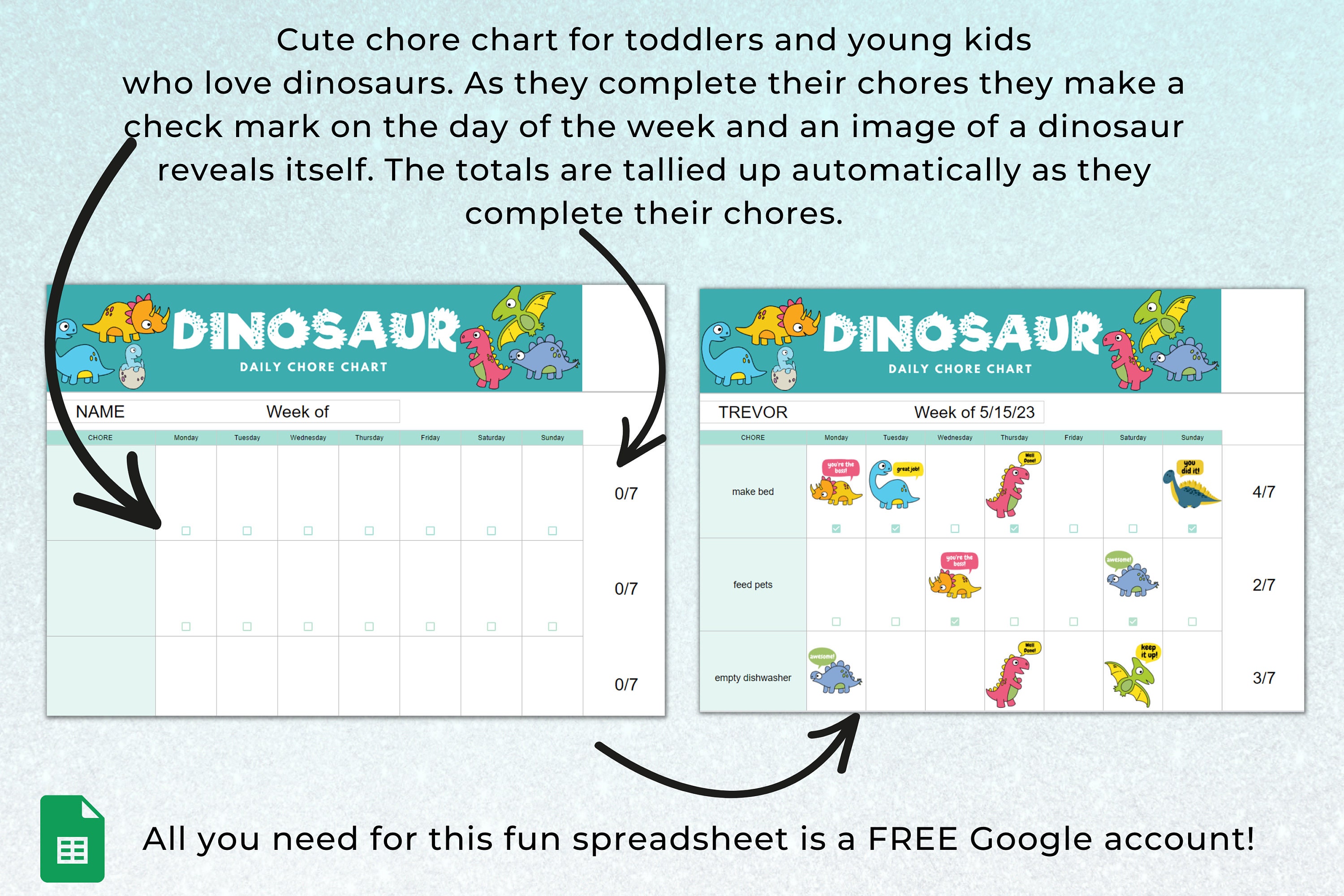 Kids Chore Chart Google Sheets, Kids Chores Spreadsheet, Dinosaur Chore ...