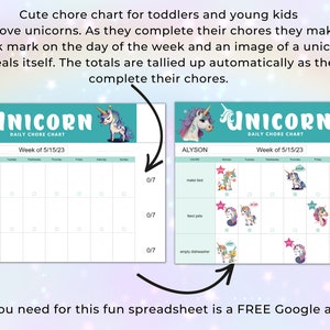 Kids Chore Chart Google Sheets, Kids Chores Spreadsheet, Unicorn Chore ...