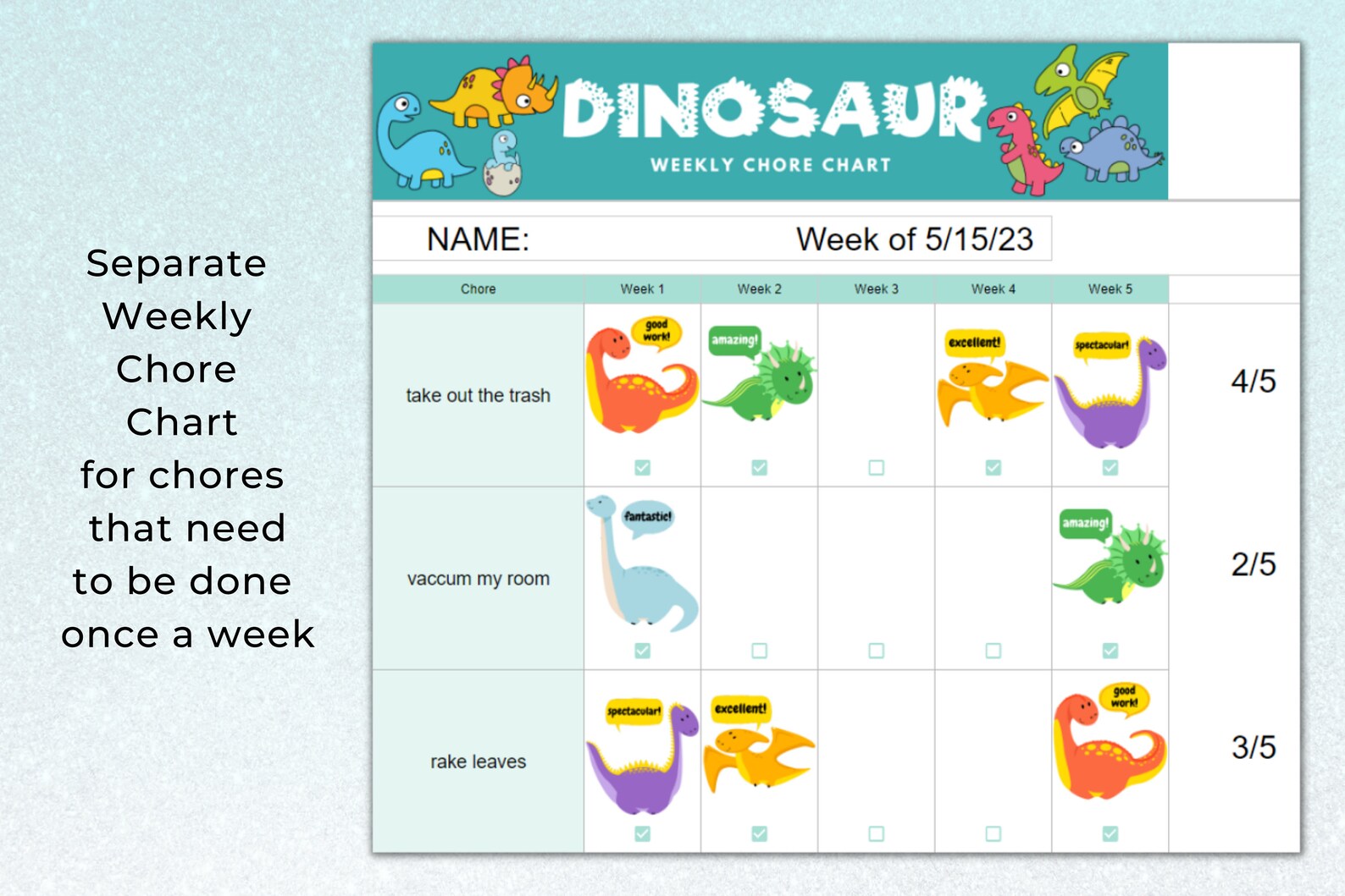 Kids Chore Chart Google Sheets, Kids Chores Spreadsheet, Dinosaur Chore ...