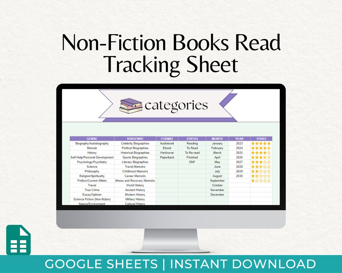 Book Tracker Spreadsheet, Reading Tracker Google Sheets, Books Read ...