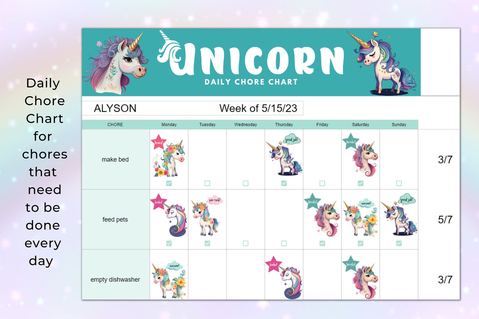Kids Chore Chart Google Sheets, Kids Chores Spreadsheet, Unicorn Chore ...