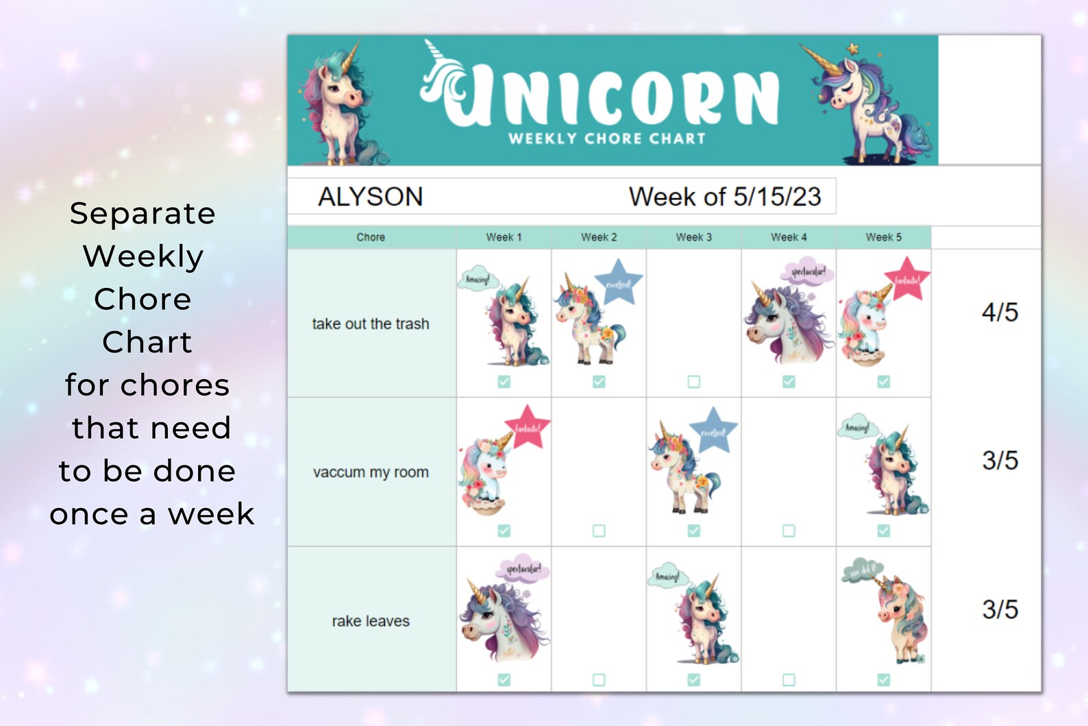 Kids Chore Chart Google Sheets, Kids Chores Spreadsheet, Unicorn Chore ...