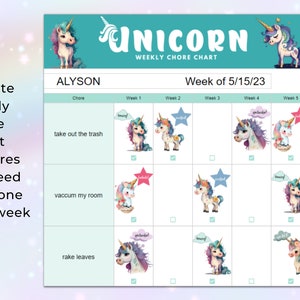 Kids Chore Chart Google Sheets, Kids Chores Spreadsheet, Unicorn Chore ...