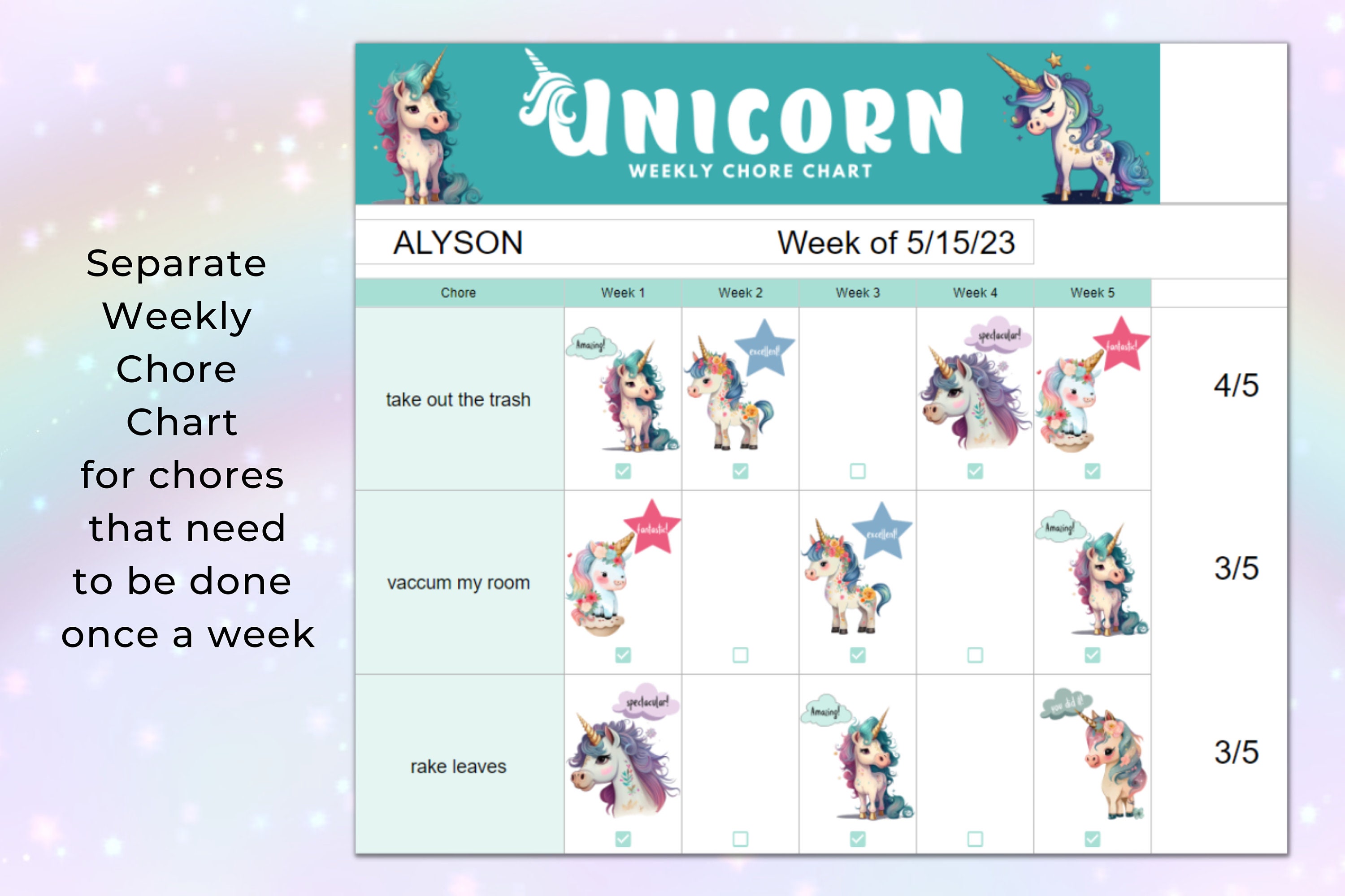 Kids Chore Chart Google Sheets, Kids Chores Spreadsheet, Unicorn Chore ...