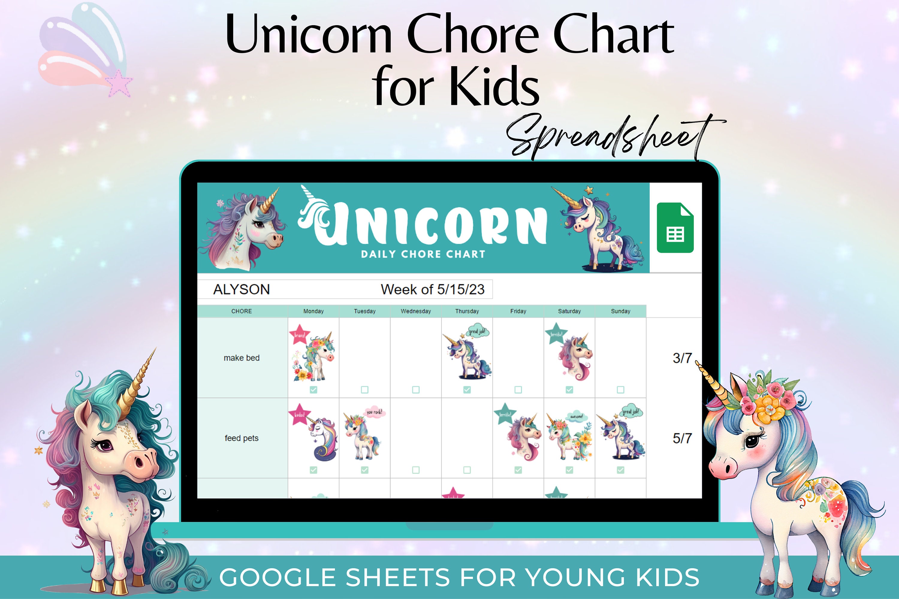 Kids Chore Chart Google Sheets, Kids Chores Spreadsheet, Unicorn Chore ...