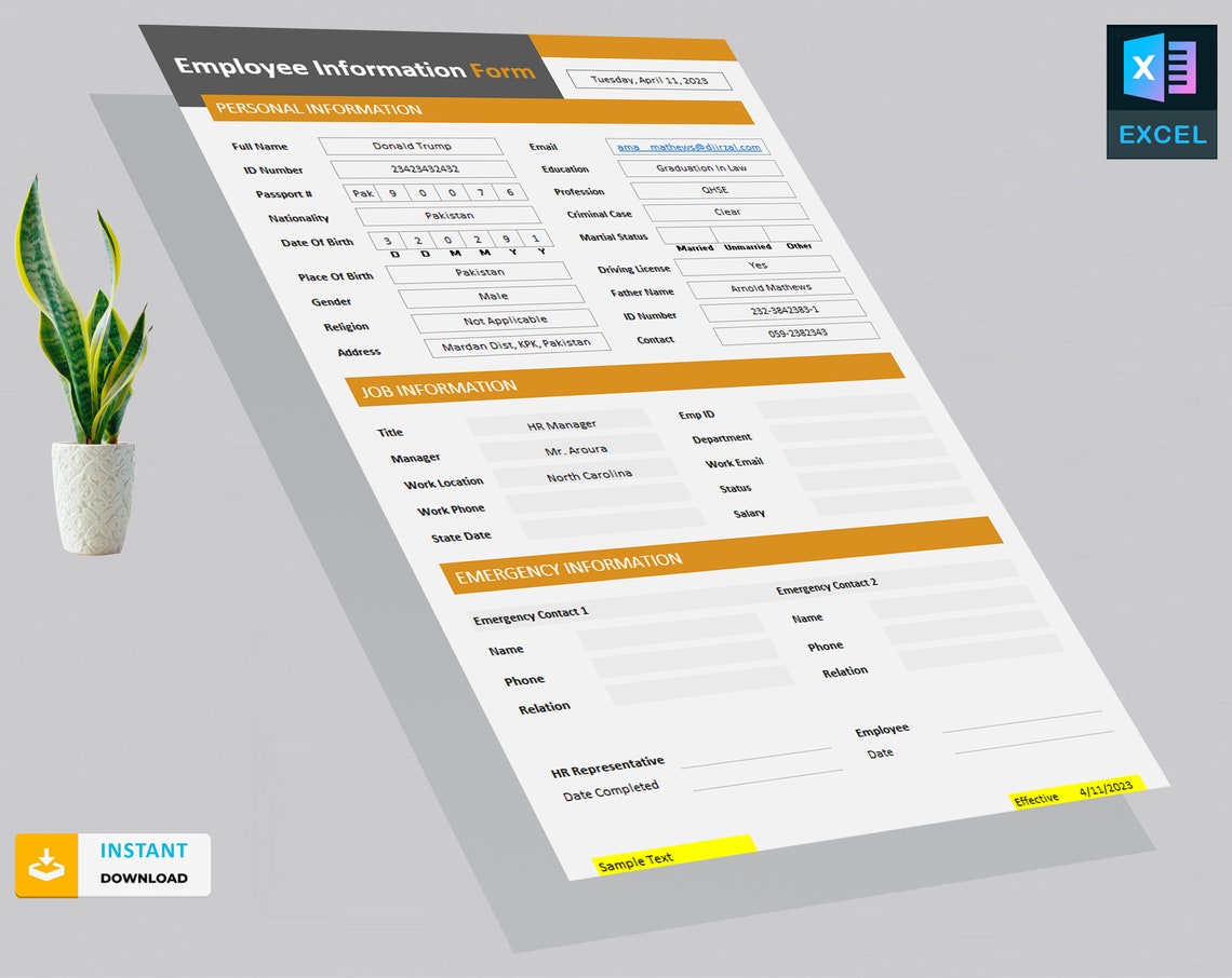 Employee Information Form Template Employee Database New Hire Form ...