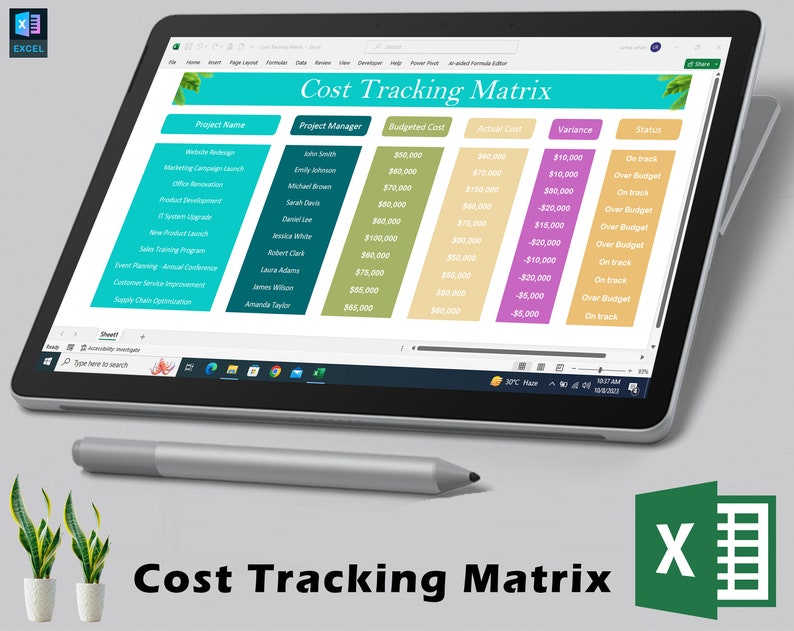 Cost Tracking Matrix Editable Template Cost Control Matrix Cost ...