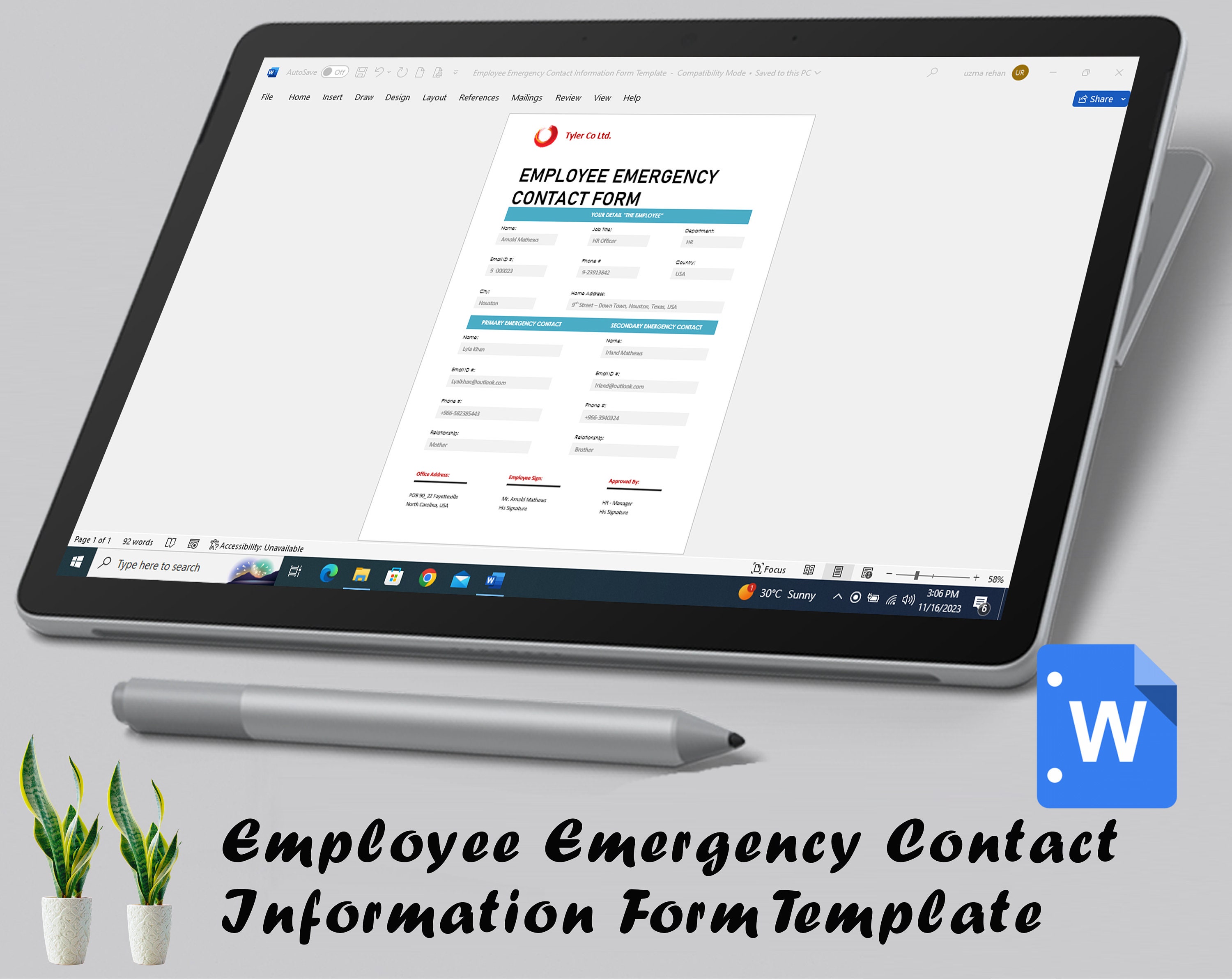 Employee Emergency Contact Form | Emergency Form | Employee Information ...