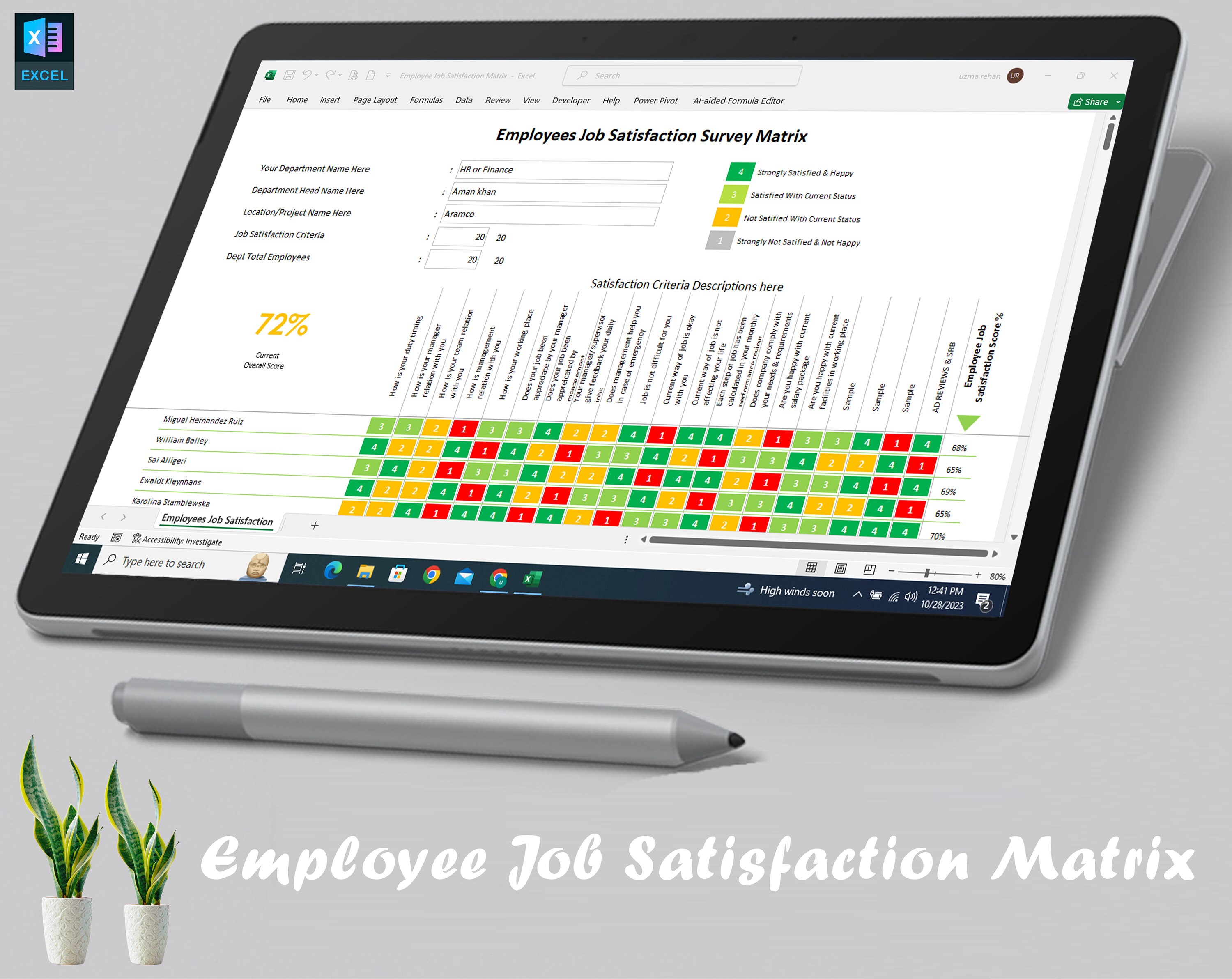 Employee Job Satisfaction Matrix Ultimate HR Excel Templates Assessment ...