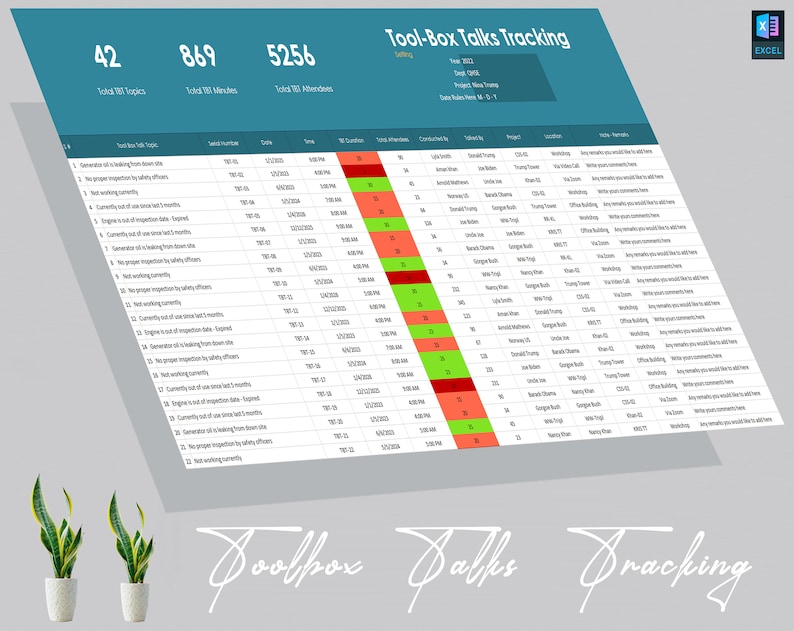Safety Toolbox Talks Meeting Tracking Matrix Template | Health and ...