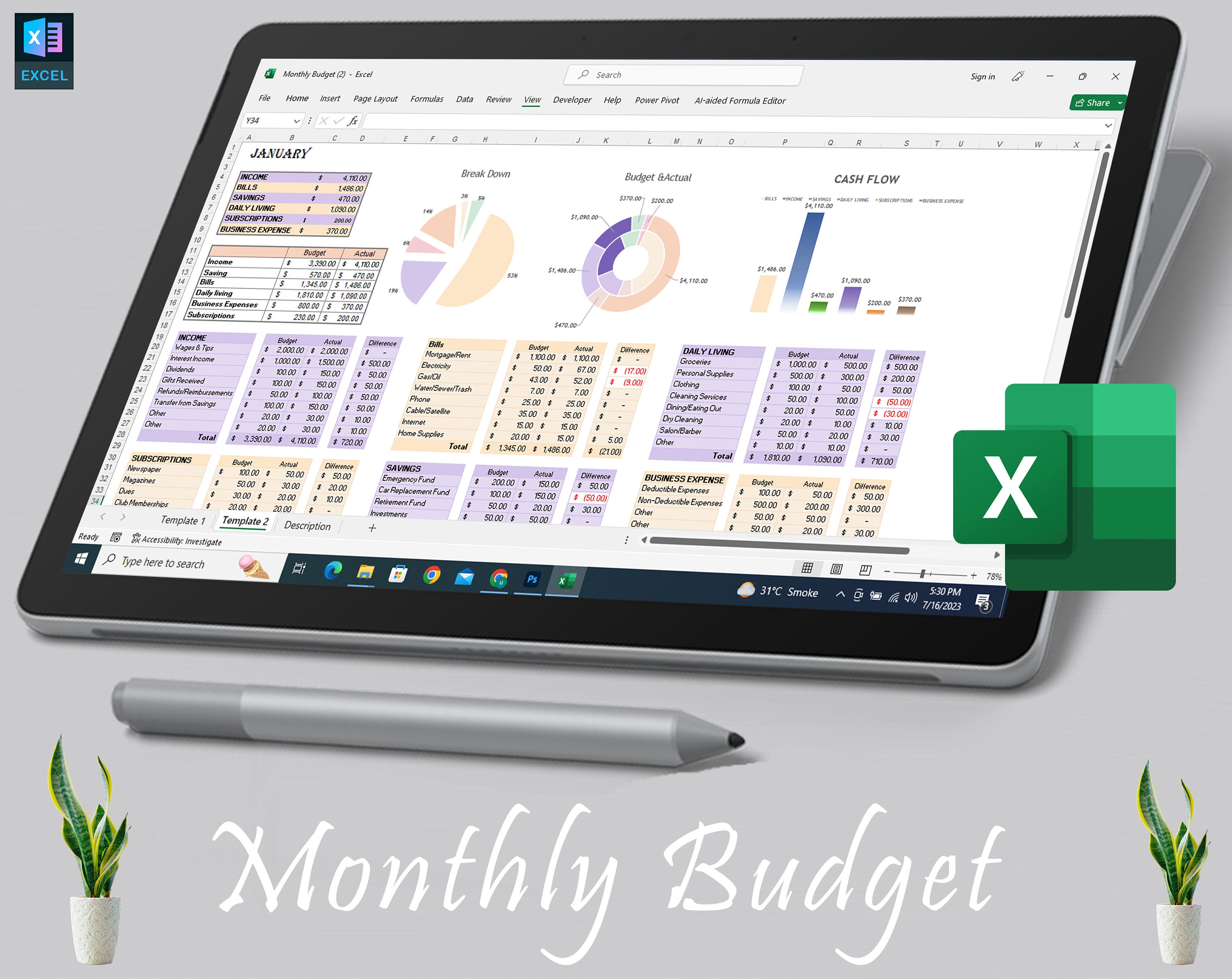 Monthly Budget Template Personal Budget Microsoft Excel Template ...