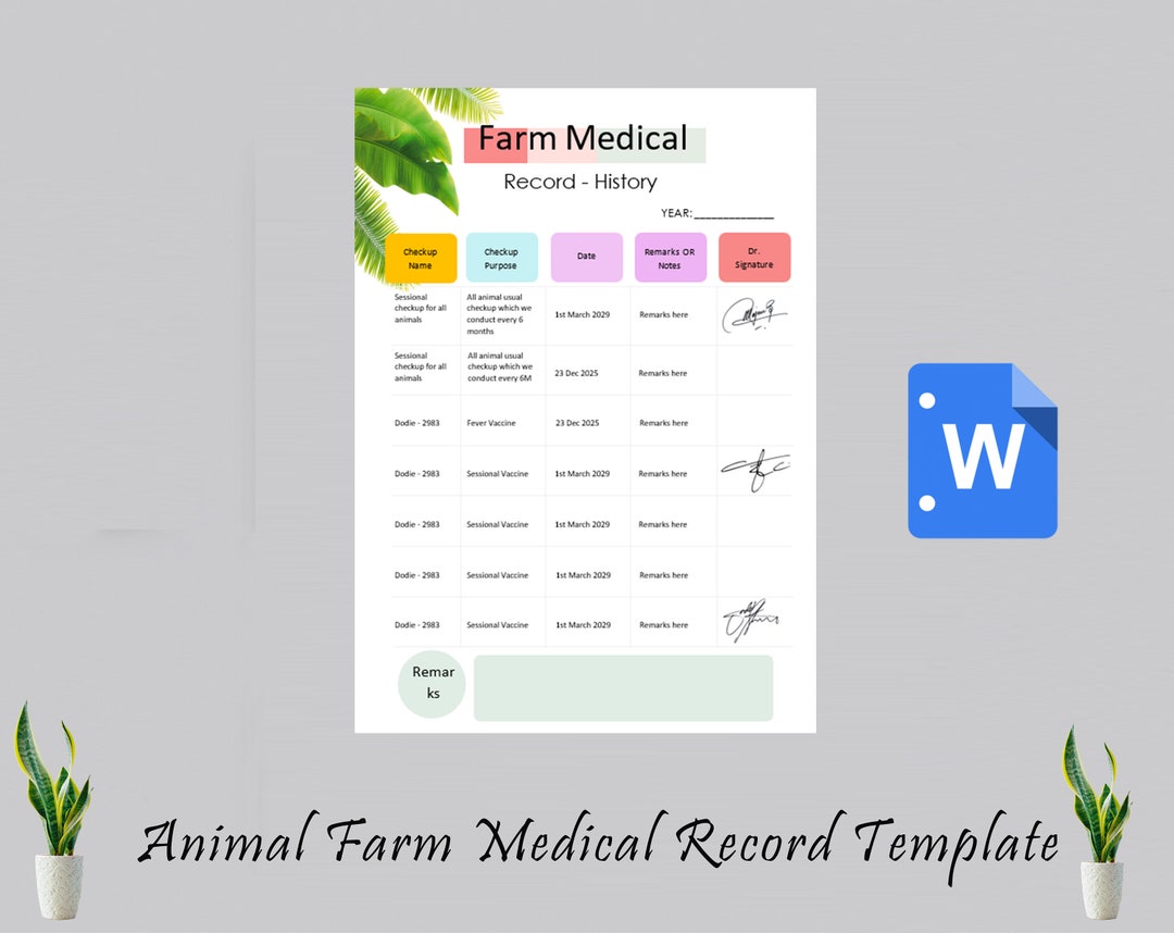 Printable Animal Farm Health Record Template for Pets | Pet Medical ...