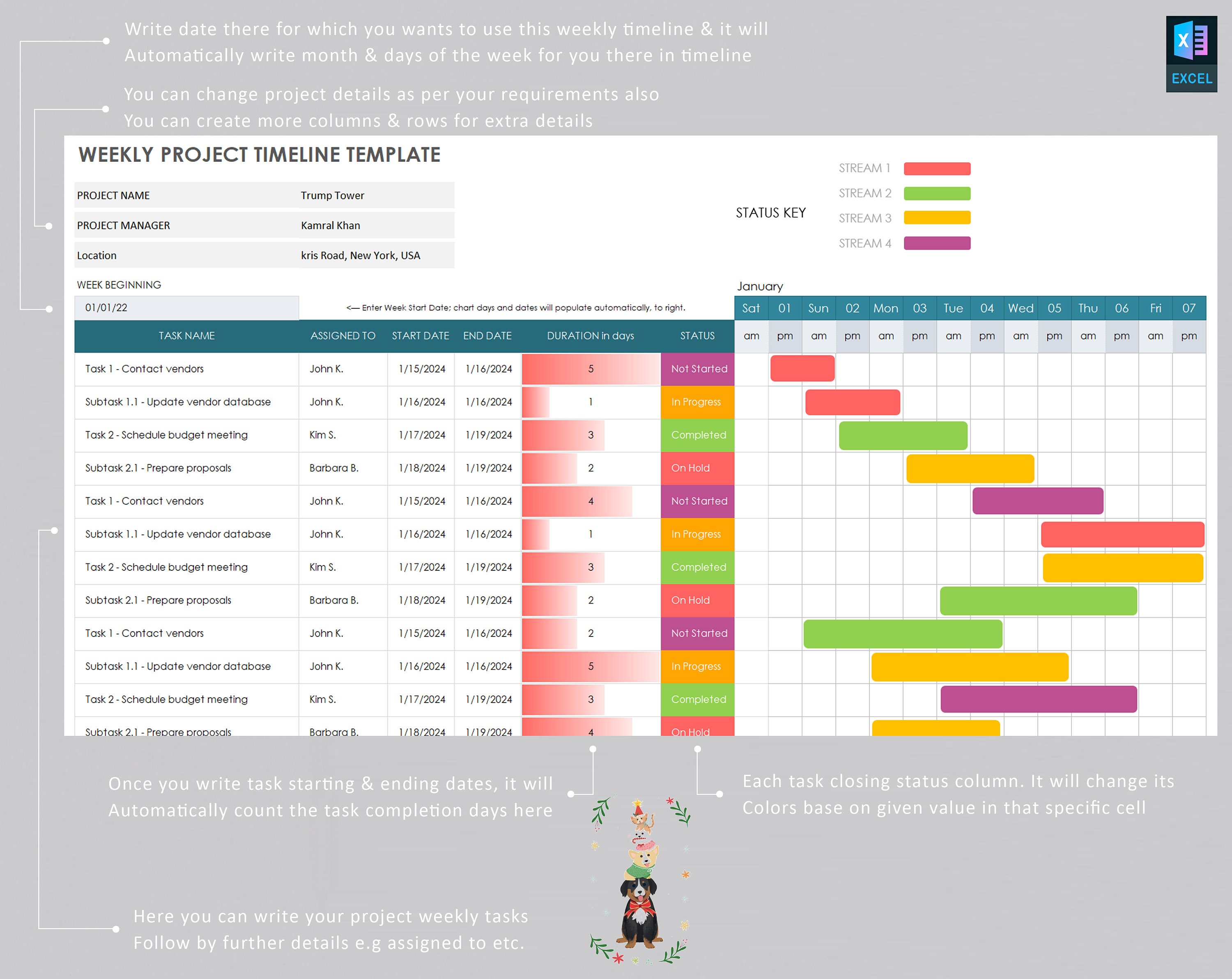 Project Weekly Timeline Template | Project Management | Project Planner ...