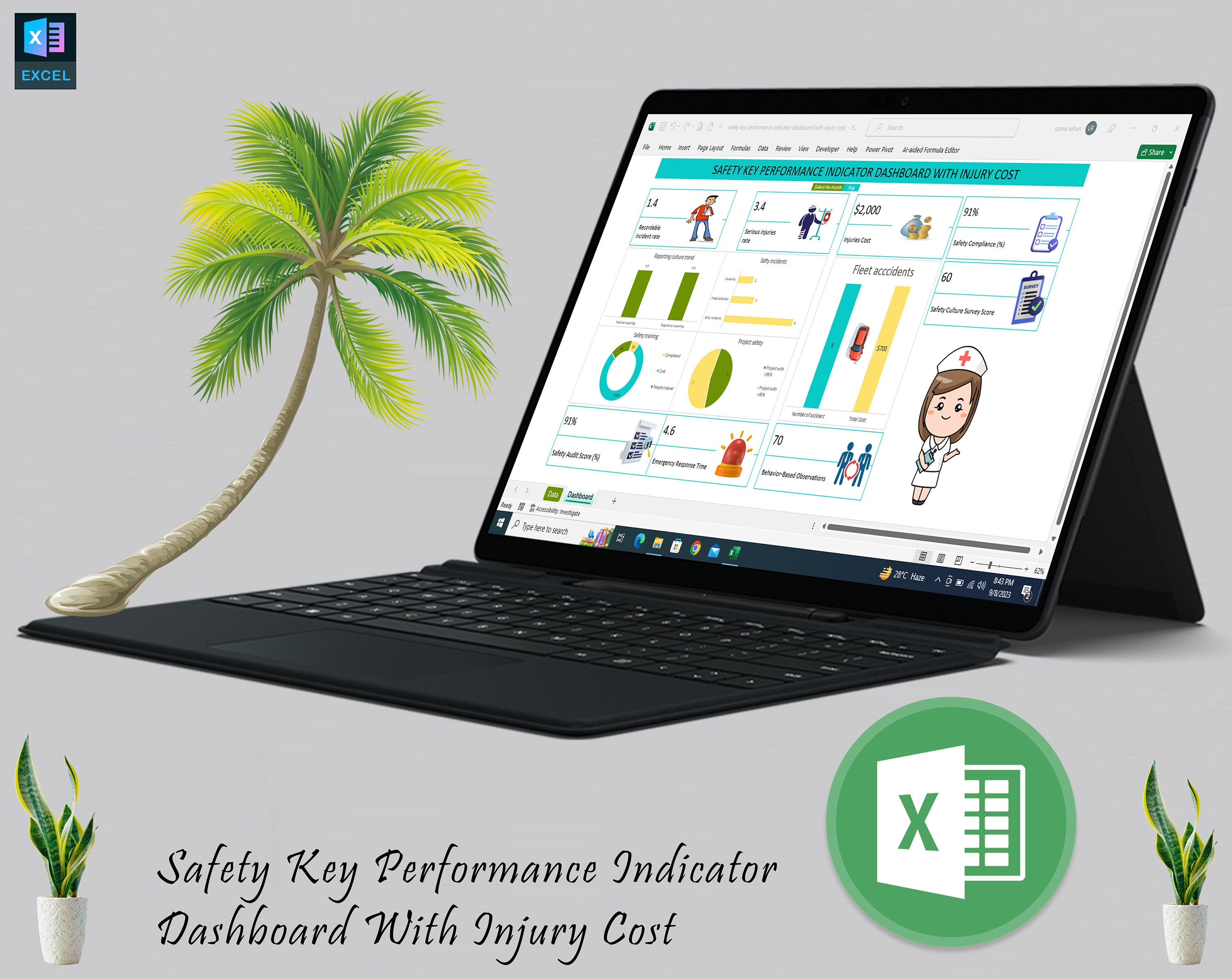 Safety Key Performance Indicator Dashboard With Injury Cost | HSE Monthly KPI | HSE Dashboard ...