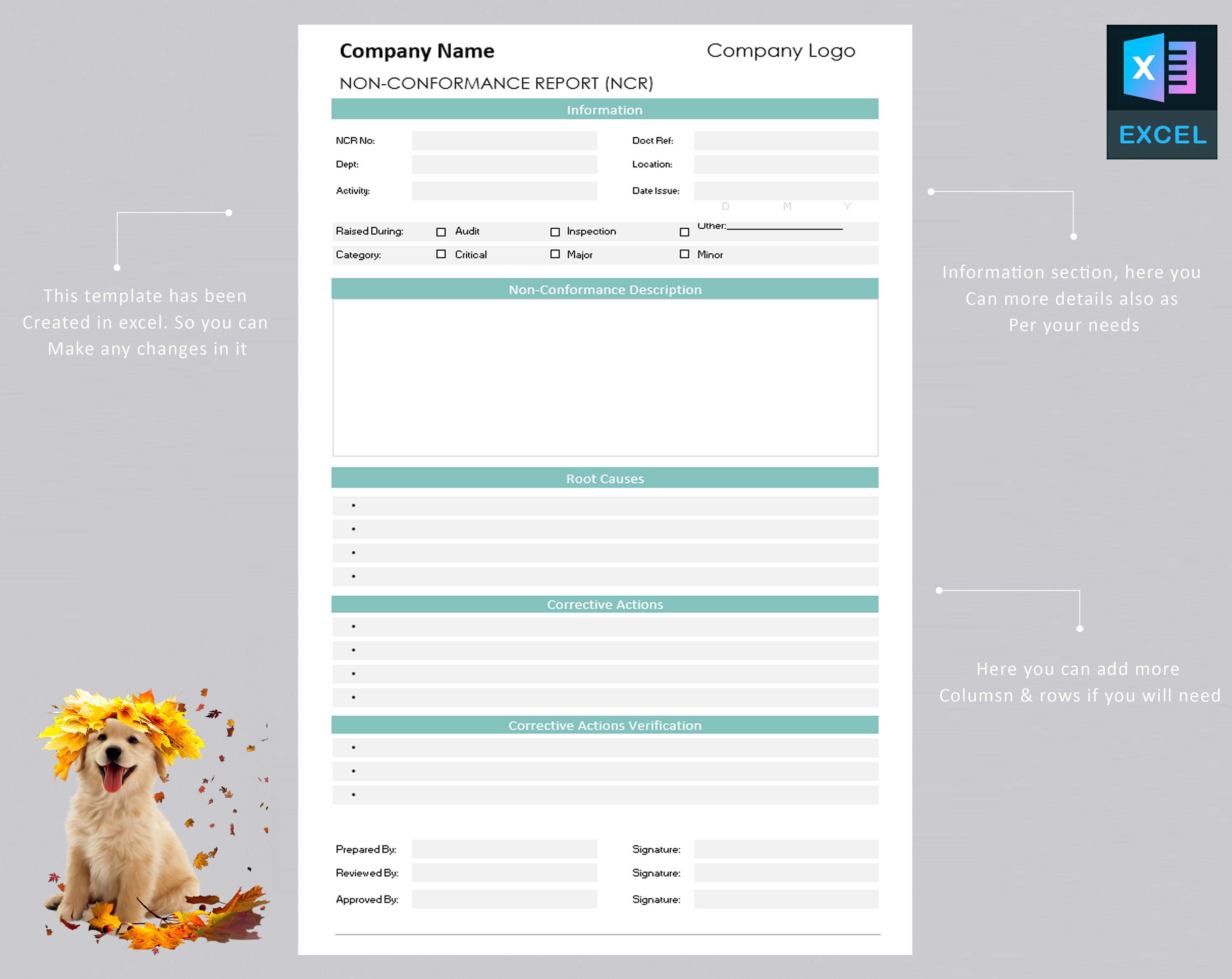 NCR Non-conformance Report Template Editable & Printable Excel Form HR ...