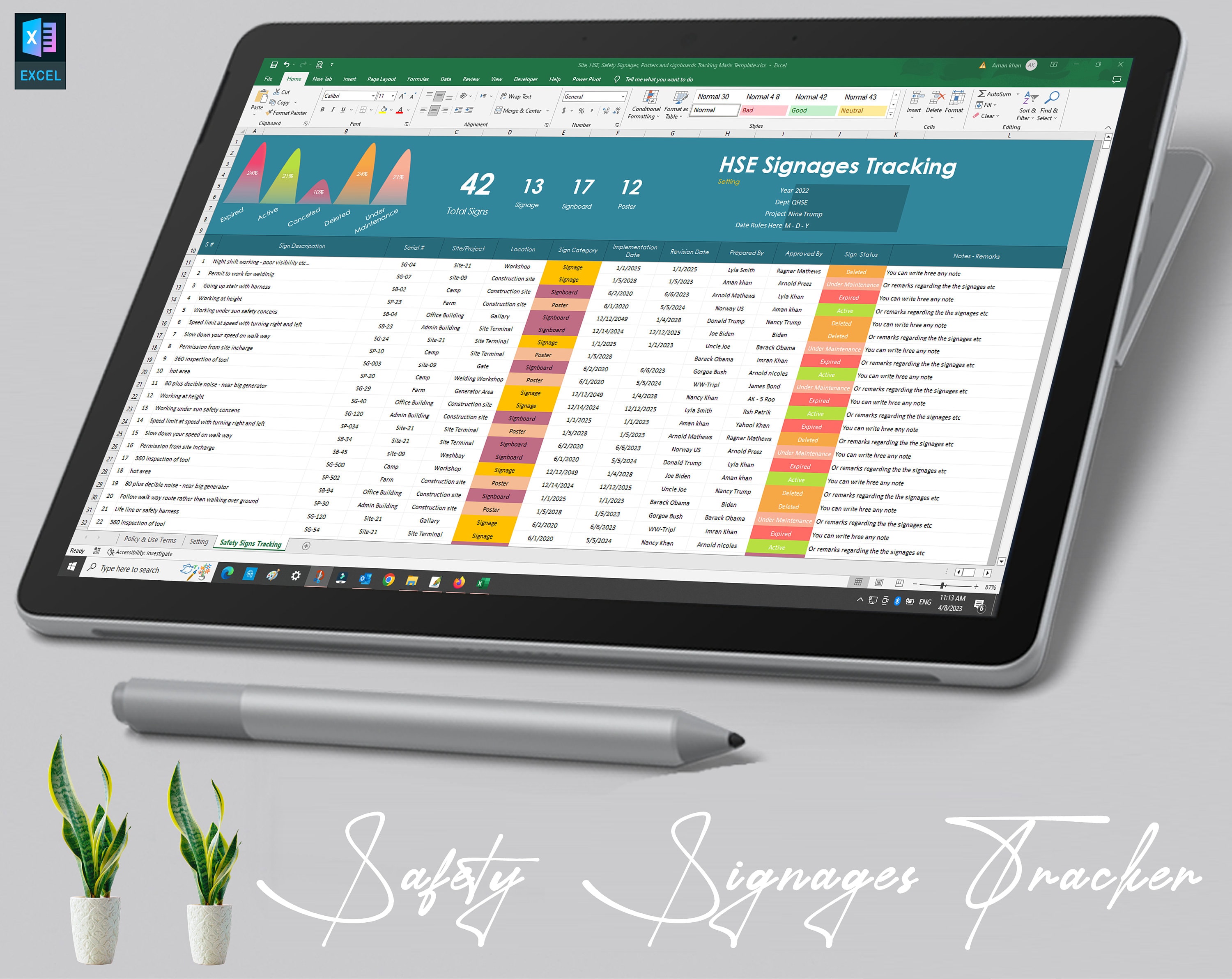 Site Signage & Signboard Tracker Excel Template | Safety Signs | Safety ...