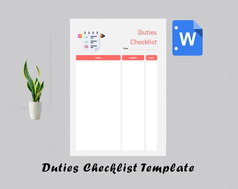 Duties Checklist Template | Editable MS Word Duties - Organizer | Task ...